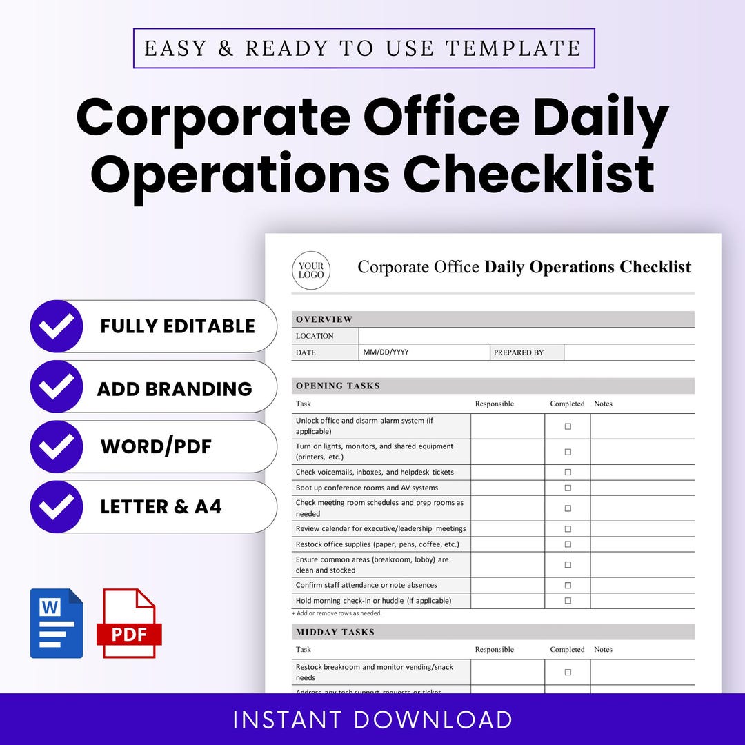 Corporate Office Daily Operations Checklist Template – Word & PDF, A4 ...