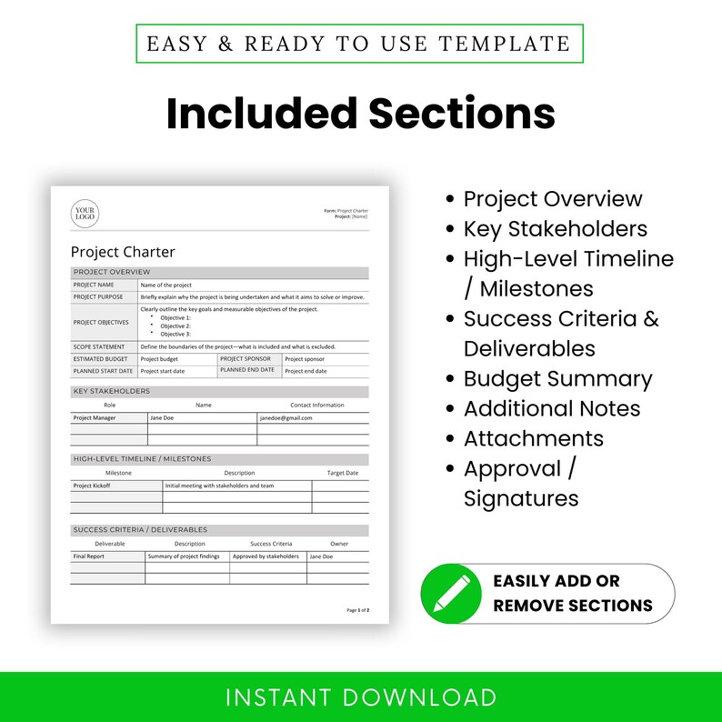 Simple Project Charter Template (word, PDF) | Project Management ...