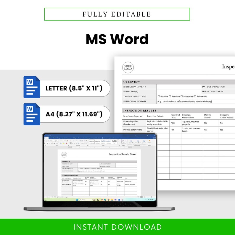 Simple Inspection Results Sheet Template – Word & PDF, A4 + US Letter ...