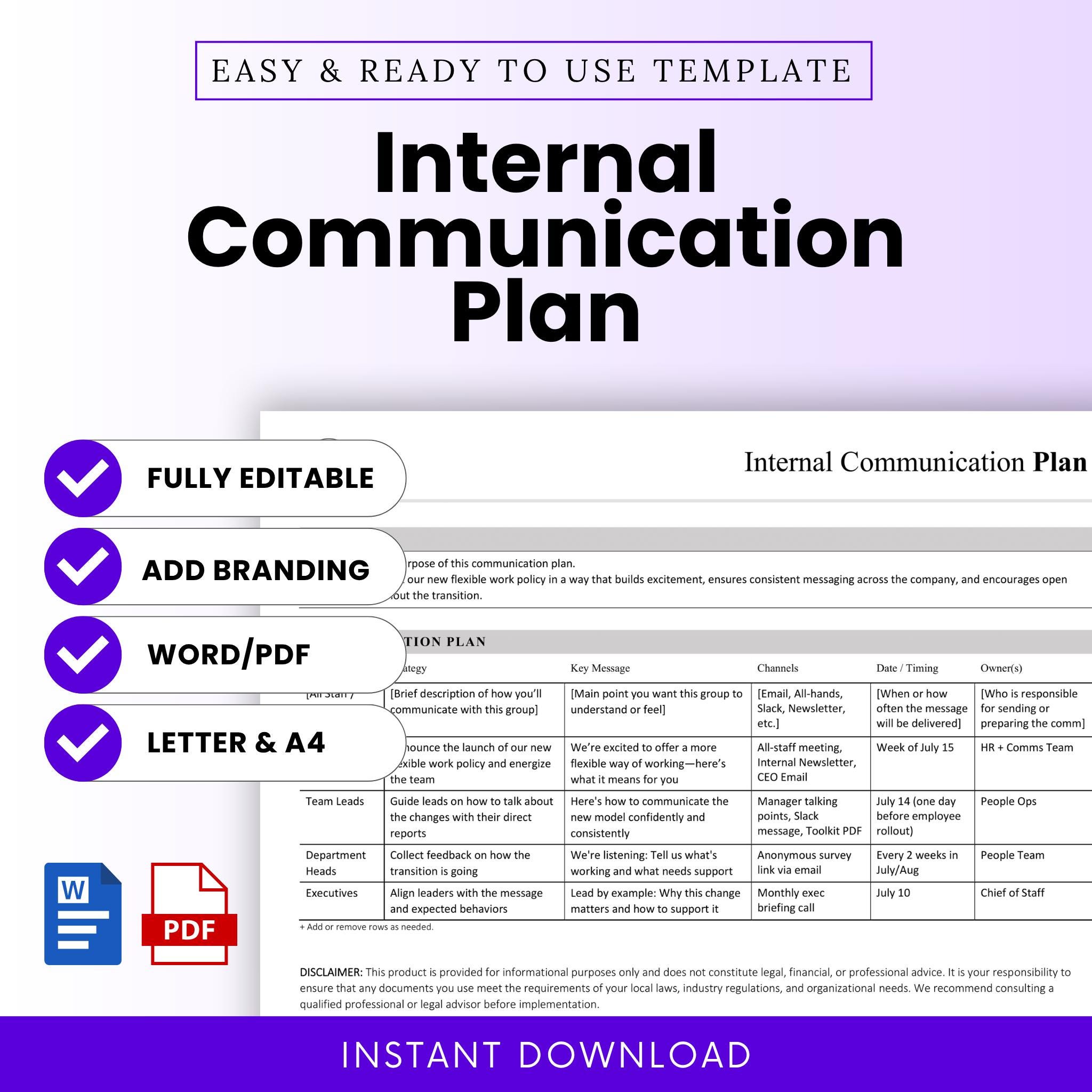 Internal Communication Plan Template (MS Word, PDF) | Memo Template ...