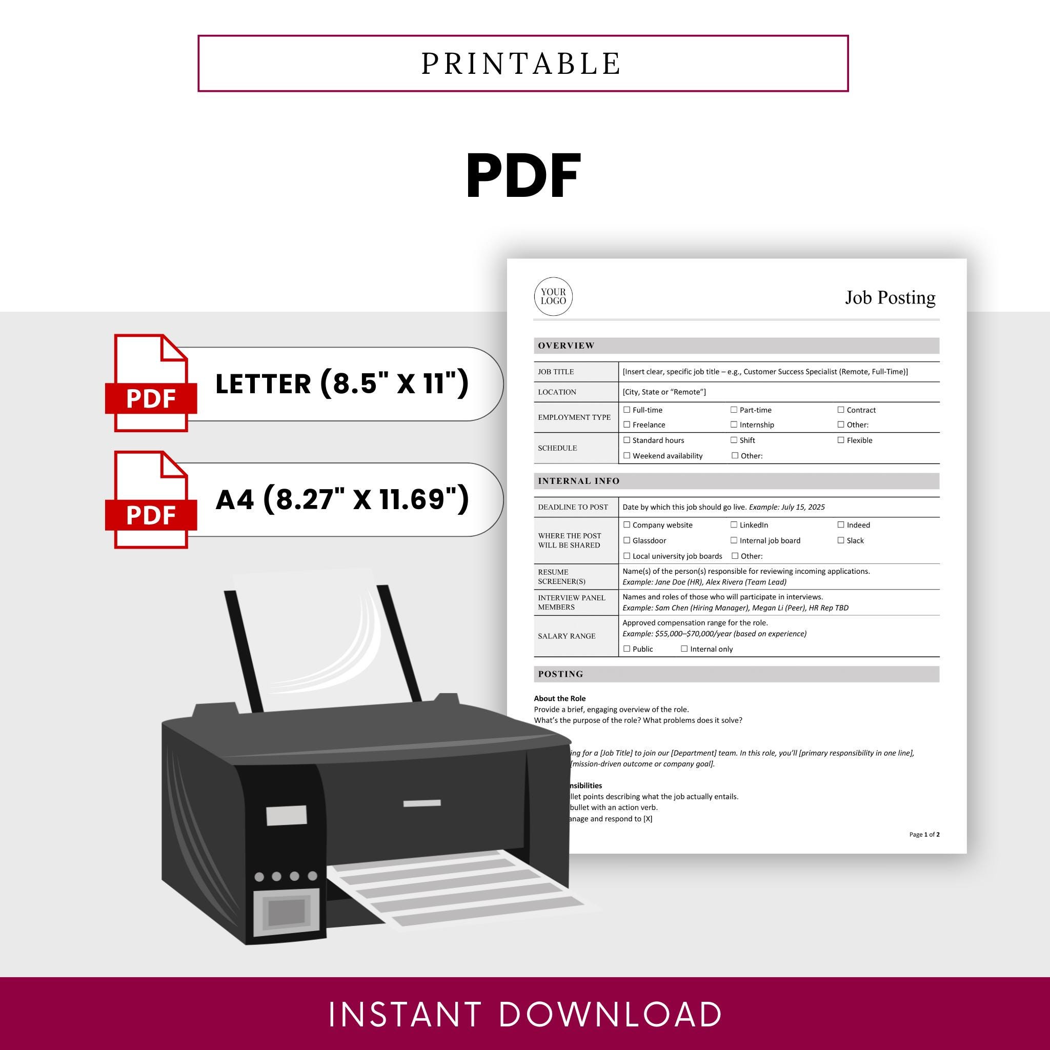 Job Posting Template (MS Word, Pdf) | Human Resources Template, Job ...