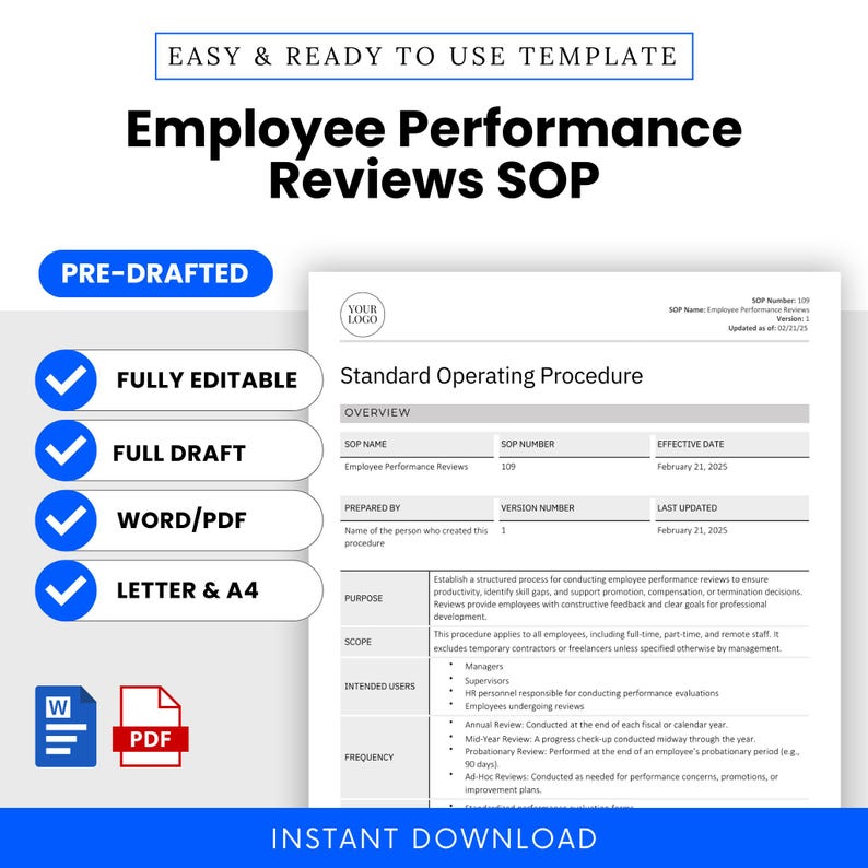 Employee Performance Reviews SOP Template (word, PDF) | Simple Standard ...