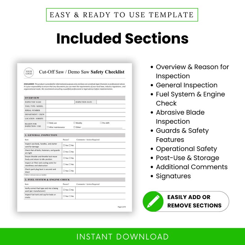 Cut-off Saw / Demo Saw Safety Checklist Template – Word & PDF, A4 + US ...