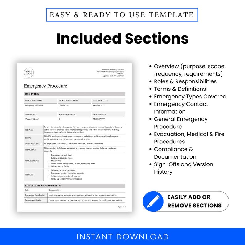 Workplace / Facility Emergency Procedure Template – Word & PDF, A4 + US ...