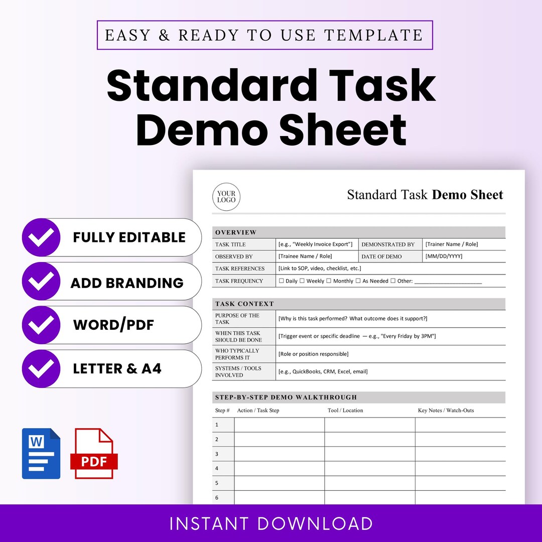 Standard Task Demo Sheet Template – Word & PDF, A4 + US Letter - Etsy