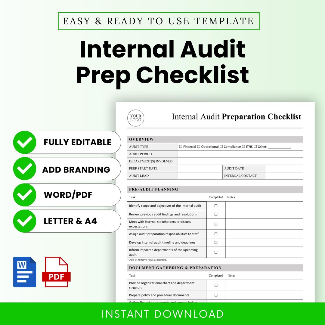 Internal Audit Prep Checklist Template – Word & PDF, A4 + US Letter - Etsy
