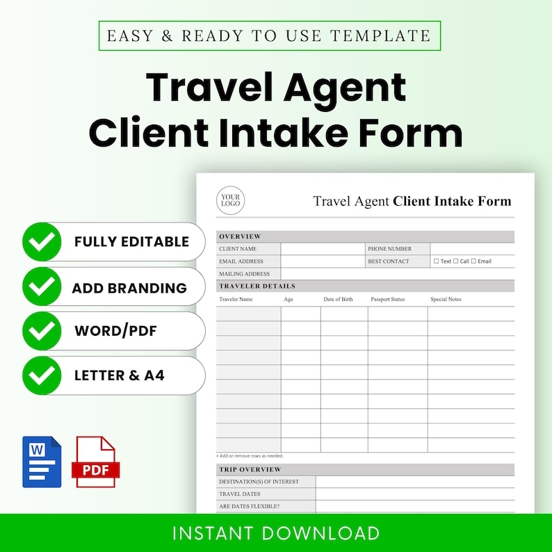 Travel Agent Client Intake Form Template – Word & PDF, A4 + US Letter ...