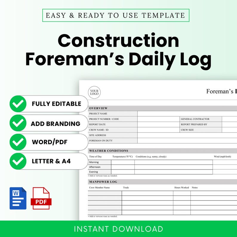 Construction Foreman's Daily Log Template – Word & PDF, A4 + US Letter ...