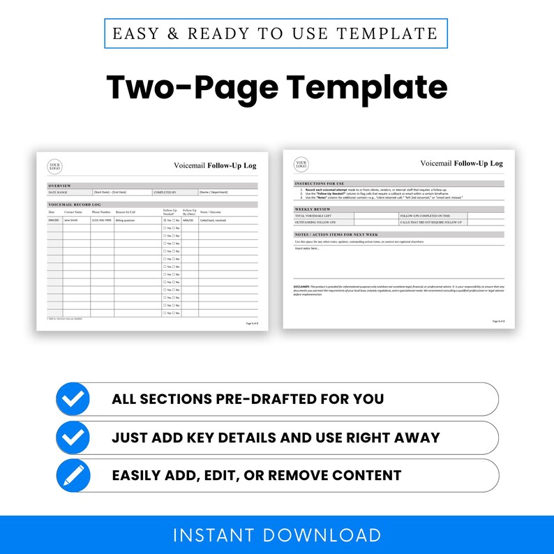 Simple Voicemail Follow-up Log Template – Word & PDF, A4 + US Letter - Etsy