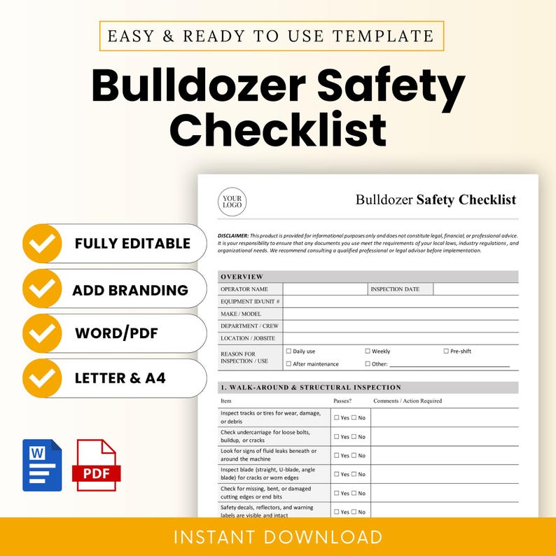 Bulldozer Safety Checklist Template – Word & PDF, A4 + US Letter - Etsy