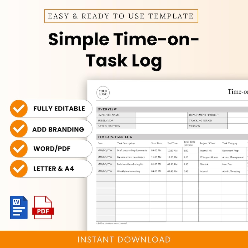 Simple Time-on-task Log Template – Word & PDF, A4 + US Letter - Etsy