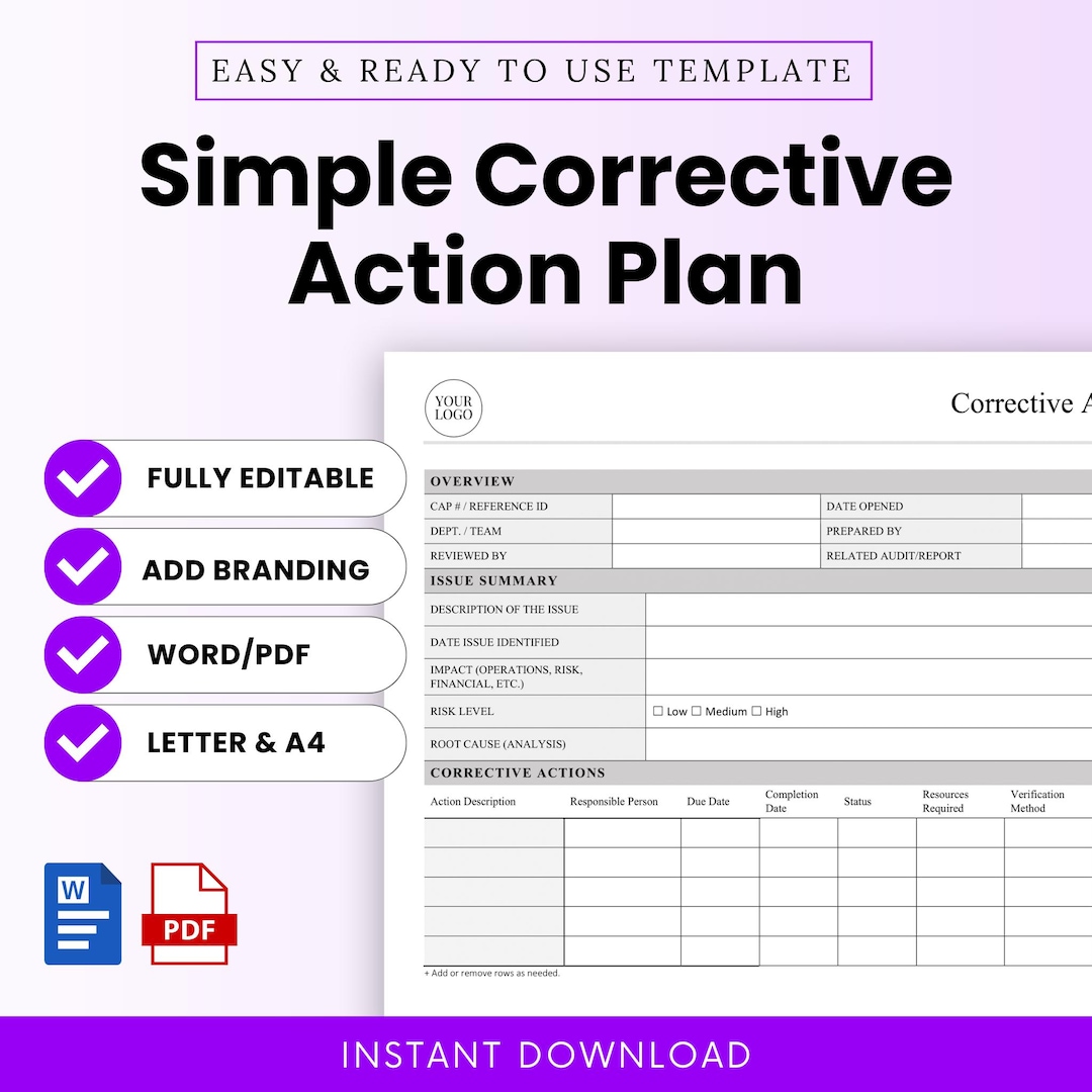 Simple Corrective Action Plan Template – Word & PDF, A4 + US Letter - Etsy