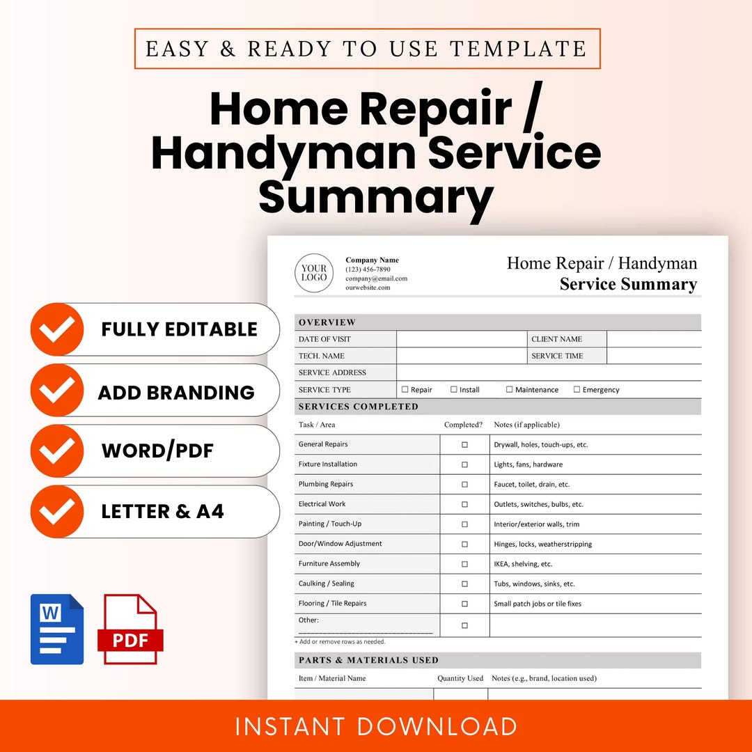 Home Repair / Handyman Visit Summary Template – Word & PDF, A4 + US ...