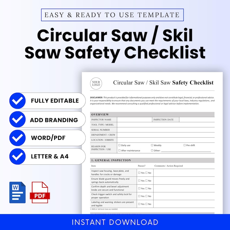 Circular Saw / Skil Saw Safety Checklist Template – Word & PDF, A4 + US ...