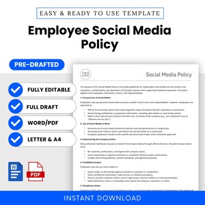 Employee Social Media Policy Template (word, PDF) | Simple Human Resources HR Template, Small ...