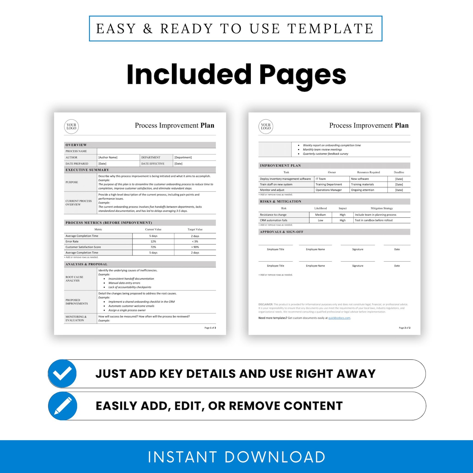 Process Improvement Plan Template (word, PDF) | Workflow Improvement ...