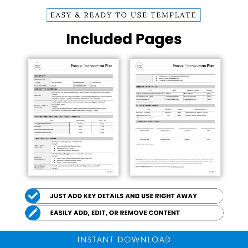 Process Improvement Plan Template (word, PDF) | Workflow Improvement ...