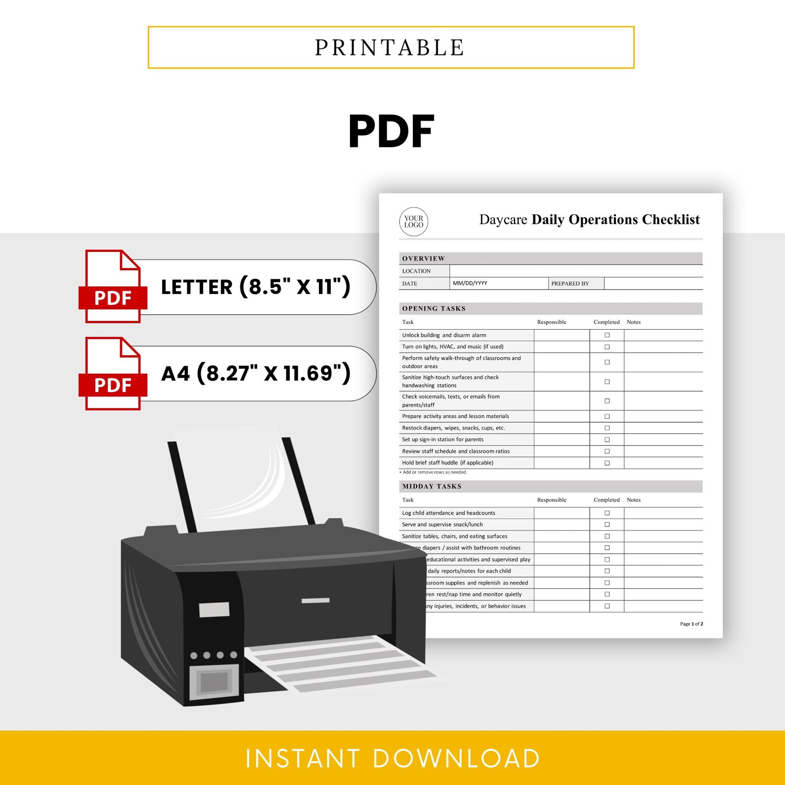 Daycare Daily Operations Checklist Template – Word & PDF, A4 + US ...
