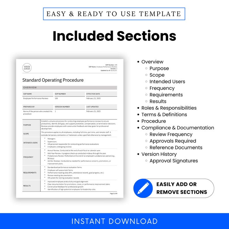 Employee Performance Reviews SOP Template (word, PDF) | Simple Standard ...