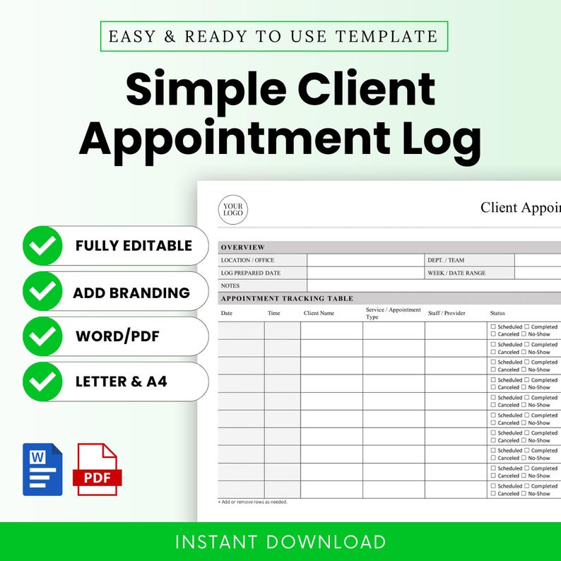 Simple Client Appointment Log Template – Word & PDF, A4 + US Letter - Etsy