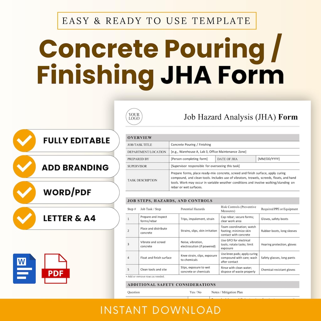 Concrete Pouring / Finishing Job Hazard Analysis (JHA) Form Template ...