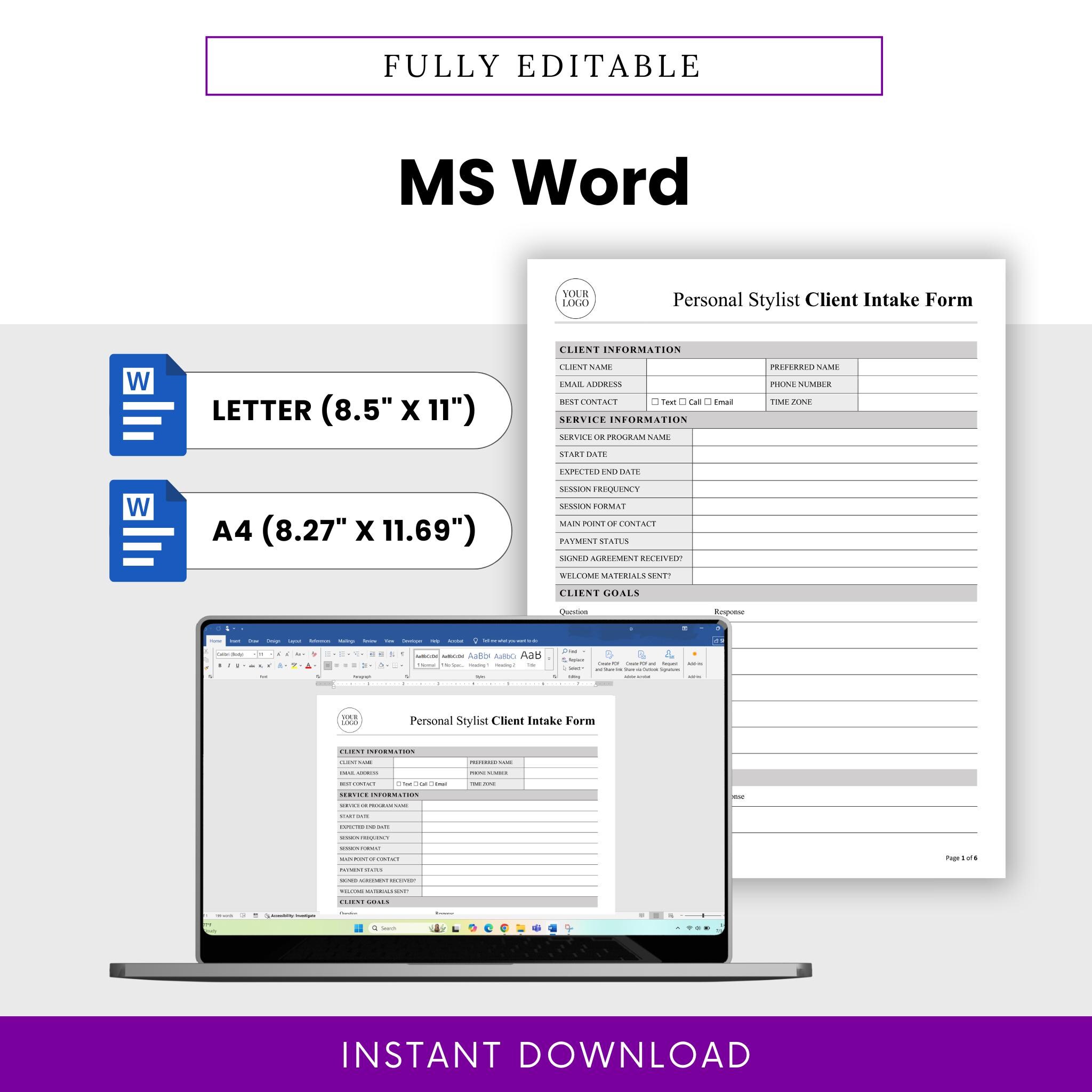 Personal Stylist Client Intake Form Template – Word & PDF, A4 + US ...