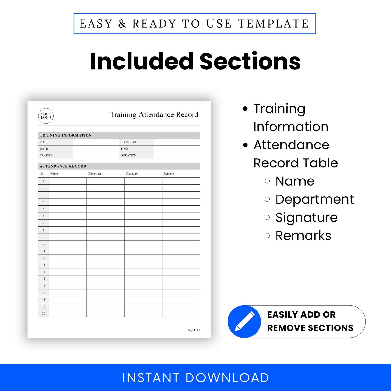 Simple Training Attendance Record Template (word, PDF) | Workshop ...