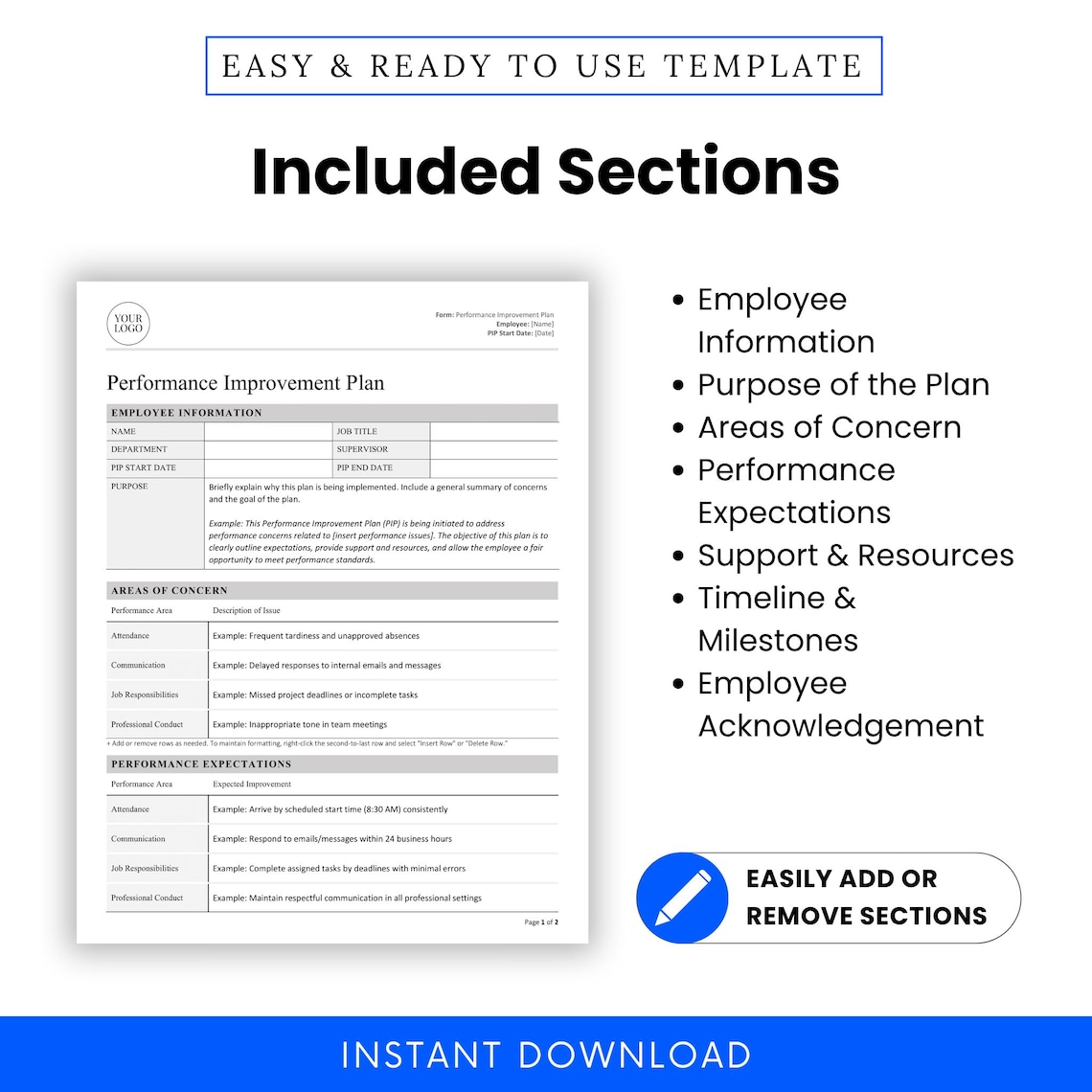 Performance Improvement Plan (MS Word, Pdf) | Simple HR Template Office ...