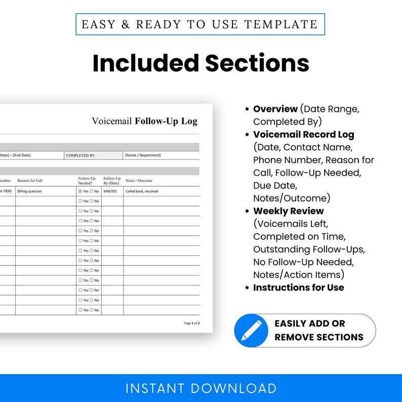 Simple Voicemail Follow-up Log Template – Word & PDF, A4 + US Letter - Etsy