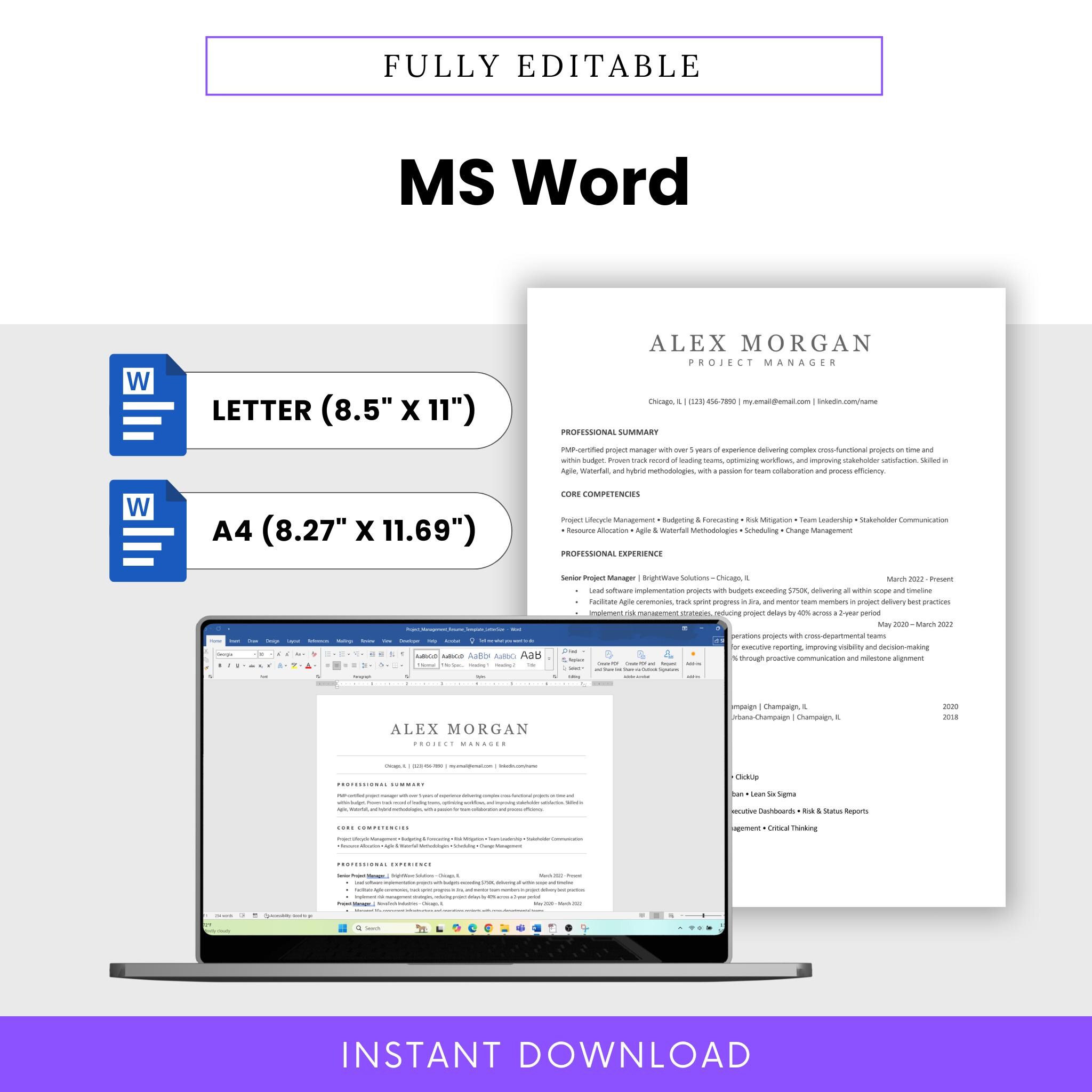 Project Manager Resume Template (word, PDF) | Ats-friendly Resume, PM ...
