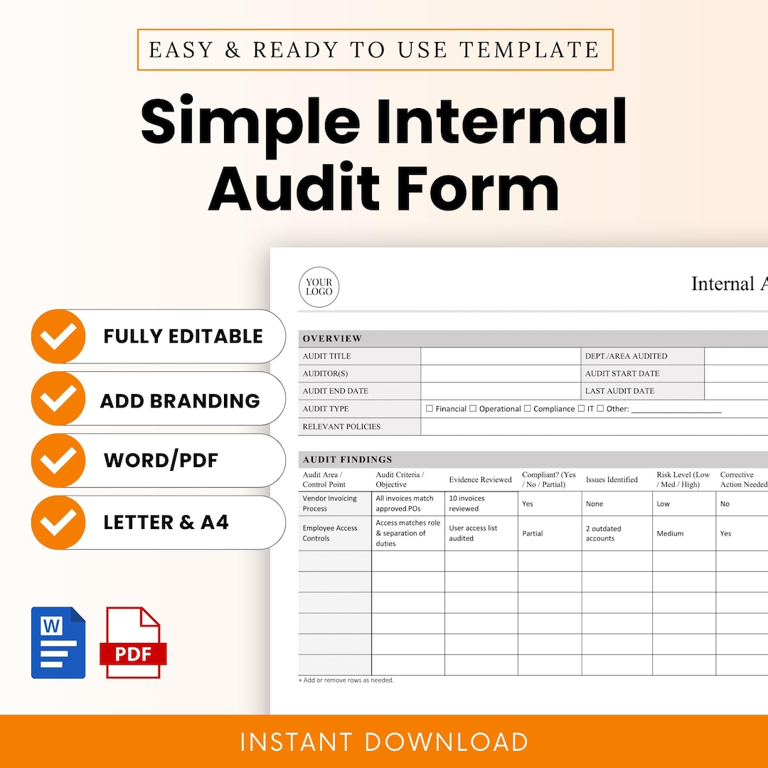 Simple Internal Audit Form Template – Word & PDF, A4 + US Letter - Etsy
