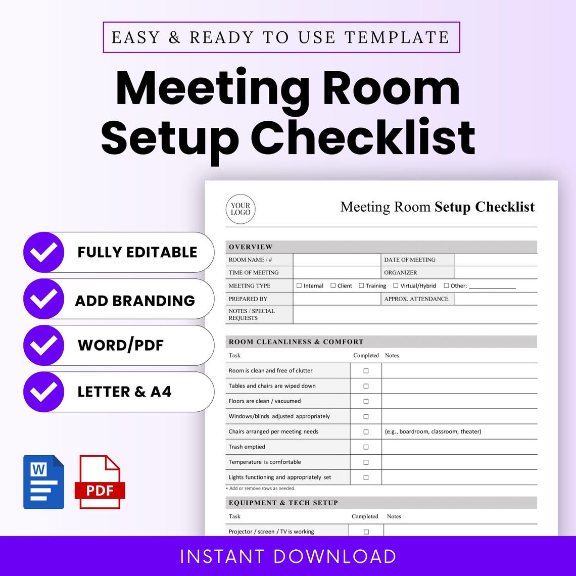 Meeting Room Setup Checklist Template – Word & PDF, A4 + US Letter - Etsy
