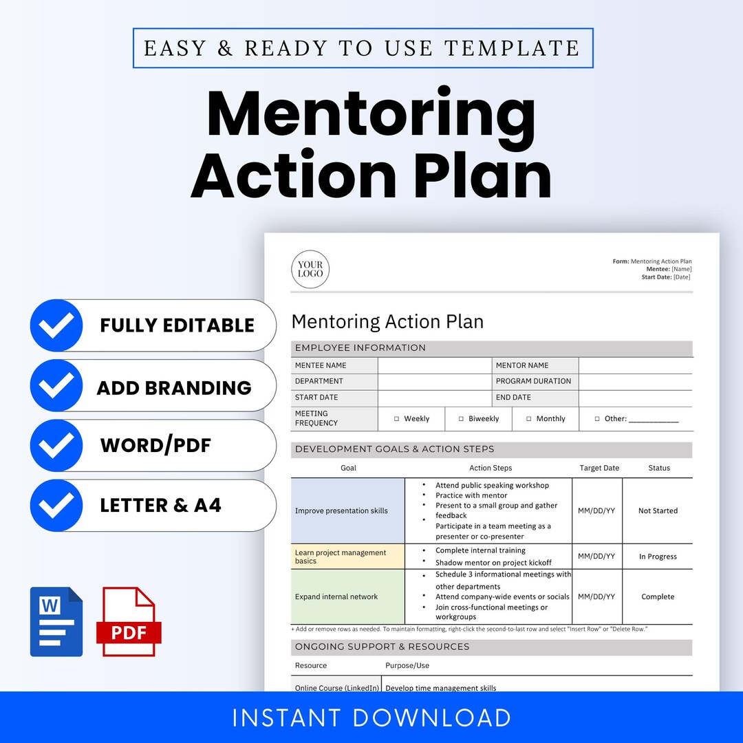 Mentoring Action Plan Template (word, PDF) | Mentoring Roadmap, Coaching & Mentoring Plan ...