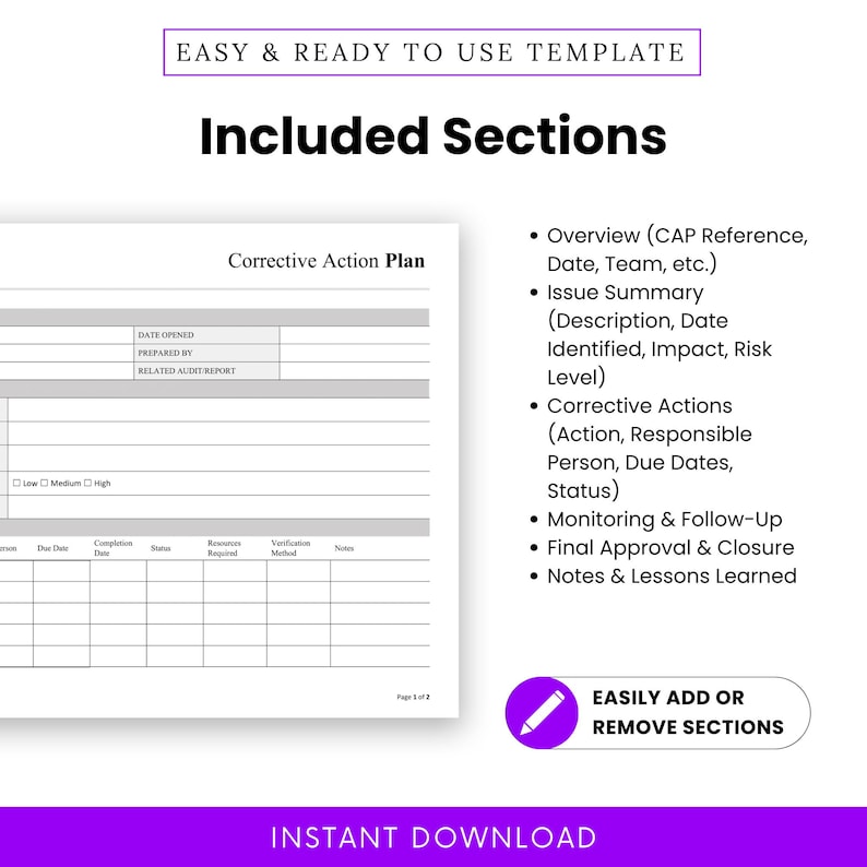 Simple Corrective Action Plan Template – Word & PDF, A4 + US Letter - Etsy