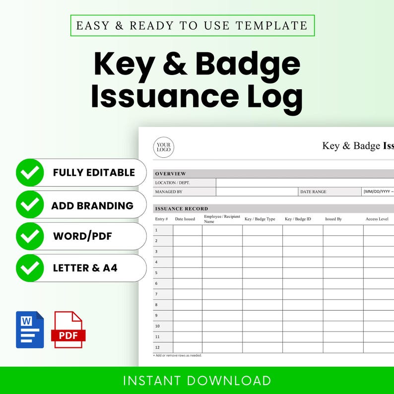 Employee Key and Badge Issuance Log Template - Word & PDF, A4 + US Letter - Etsy