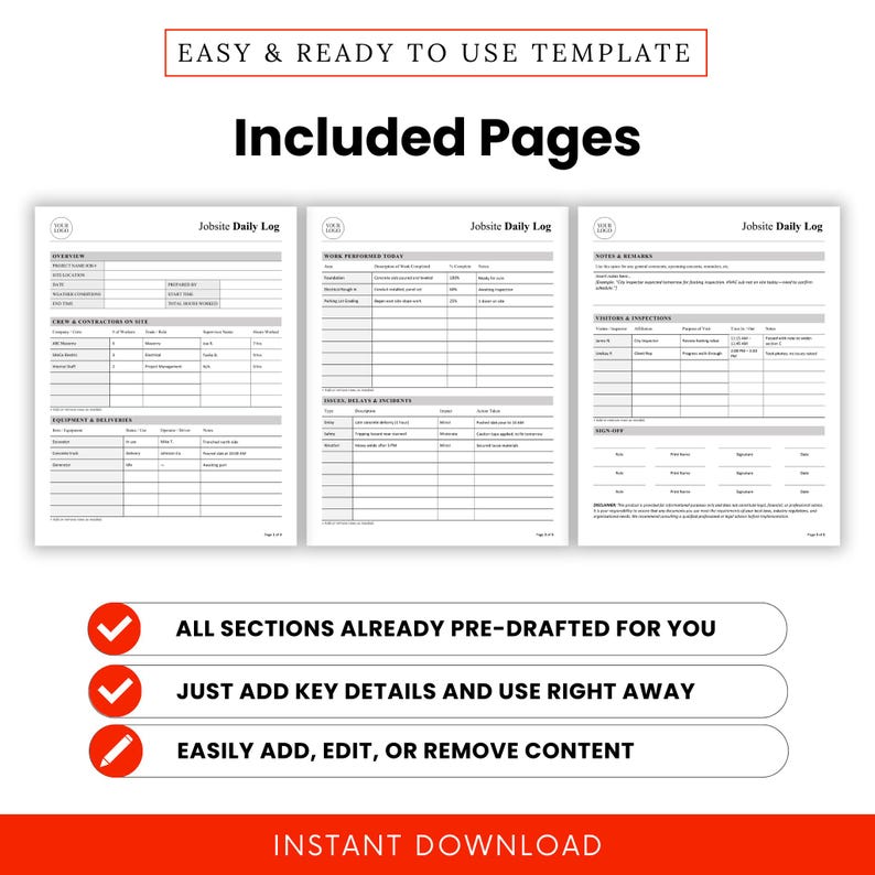 Jobsite Daily Log Template – Word & PDF, A4 + US Letter - Etsy