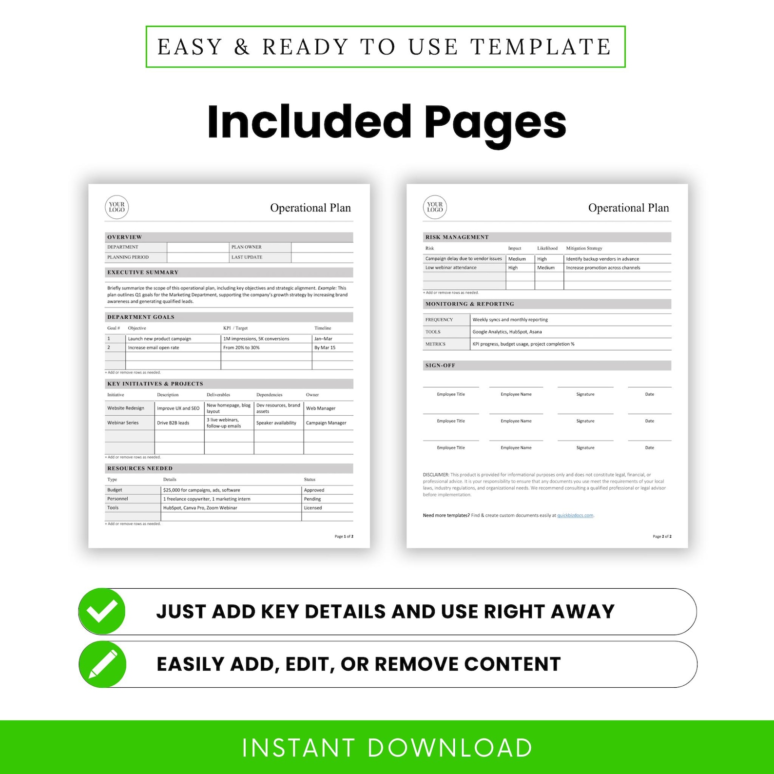 Simple Operational Plan Template (word, PDF) | Department Goal Setting ...