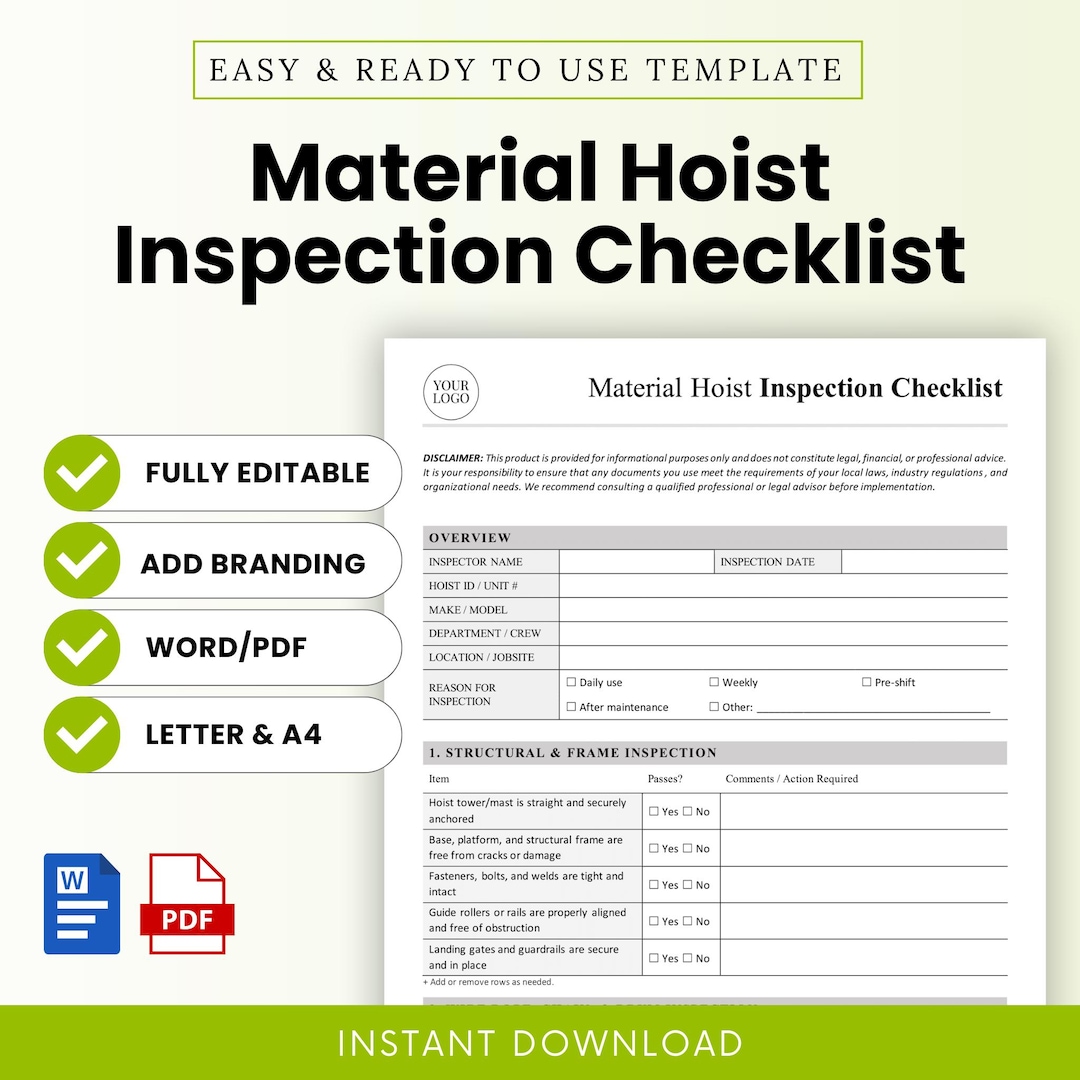 Material Hoist Inspection Checklist Template – Word & PDF, A4 + US ...