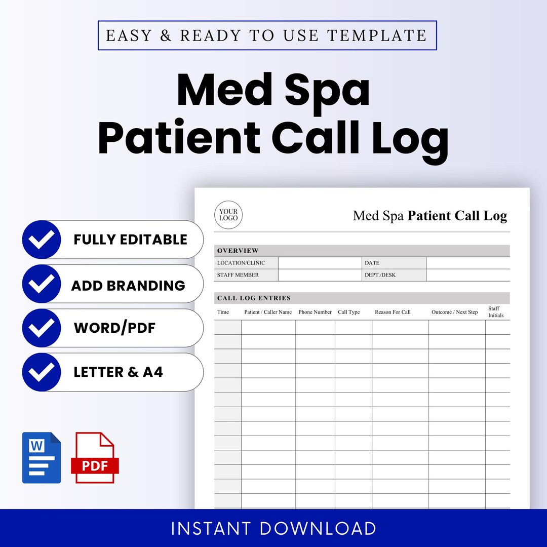 Med Spa Patient Call Log Template – Word & PDF, A4 + US Letter - Etsy UK