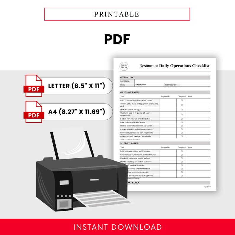 Restaurant Daily Operations Checklist Template – Word & PDF, A4 + US ...