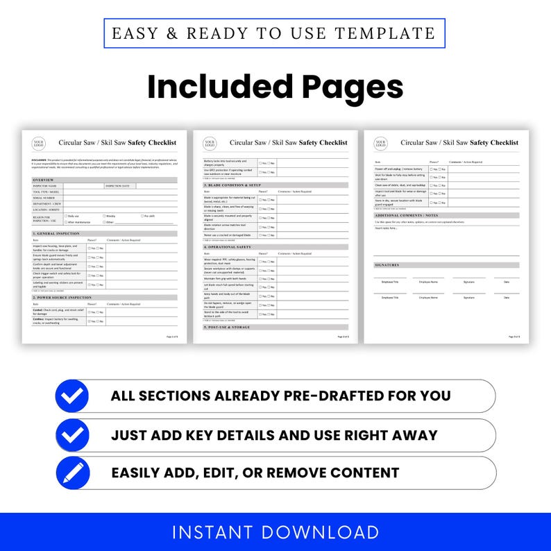 Circular Saw / Skil Saw Safety Checklist Template – Word & PDF, A4 + US ...