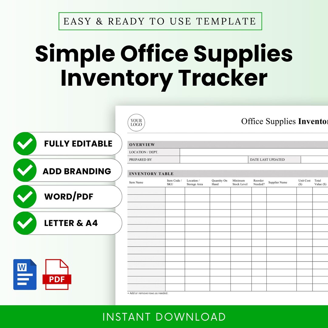Simple Office Supplies Inventory Tracker Template - Word & PDF, A4 + US ...