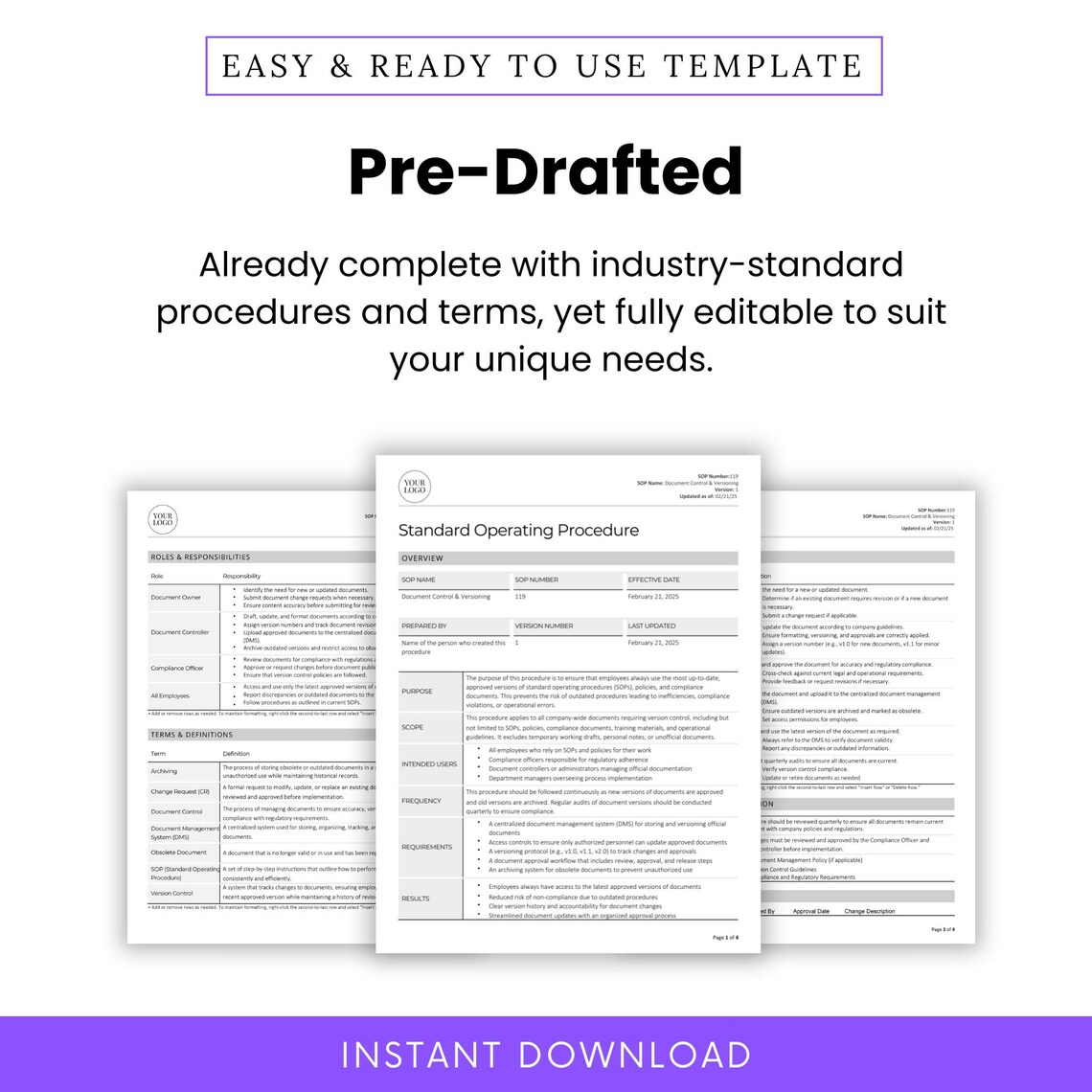 Document Control & Versioning SOP Template (word, PDF) | Simple ...