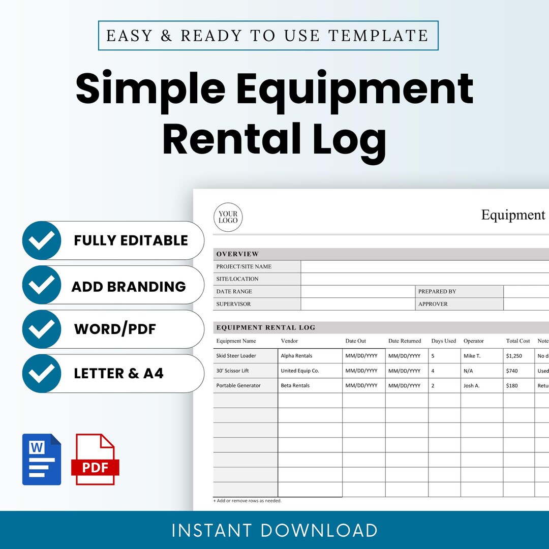 Simple Equipment Rental Log Template – Word & PDF, A4 + US Letter - Etsy UK