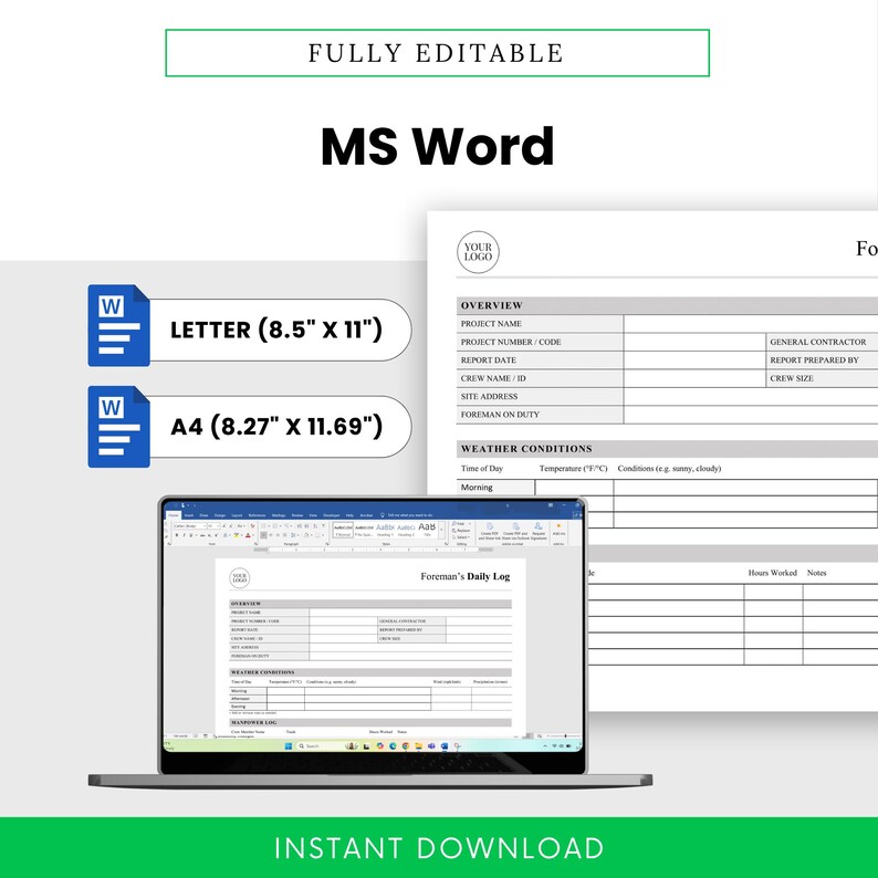 Construction Foreman's Daily Log Template – Word & PDF, A4 + US Letter ...