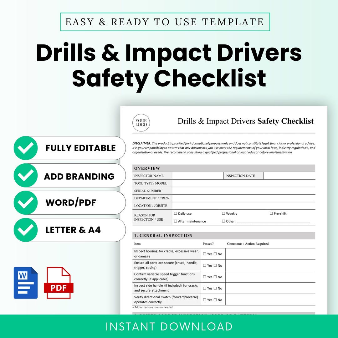 Drills and Impact Drivers Safety Checklist Template – Word & PDF, A4 ...