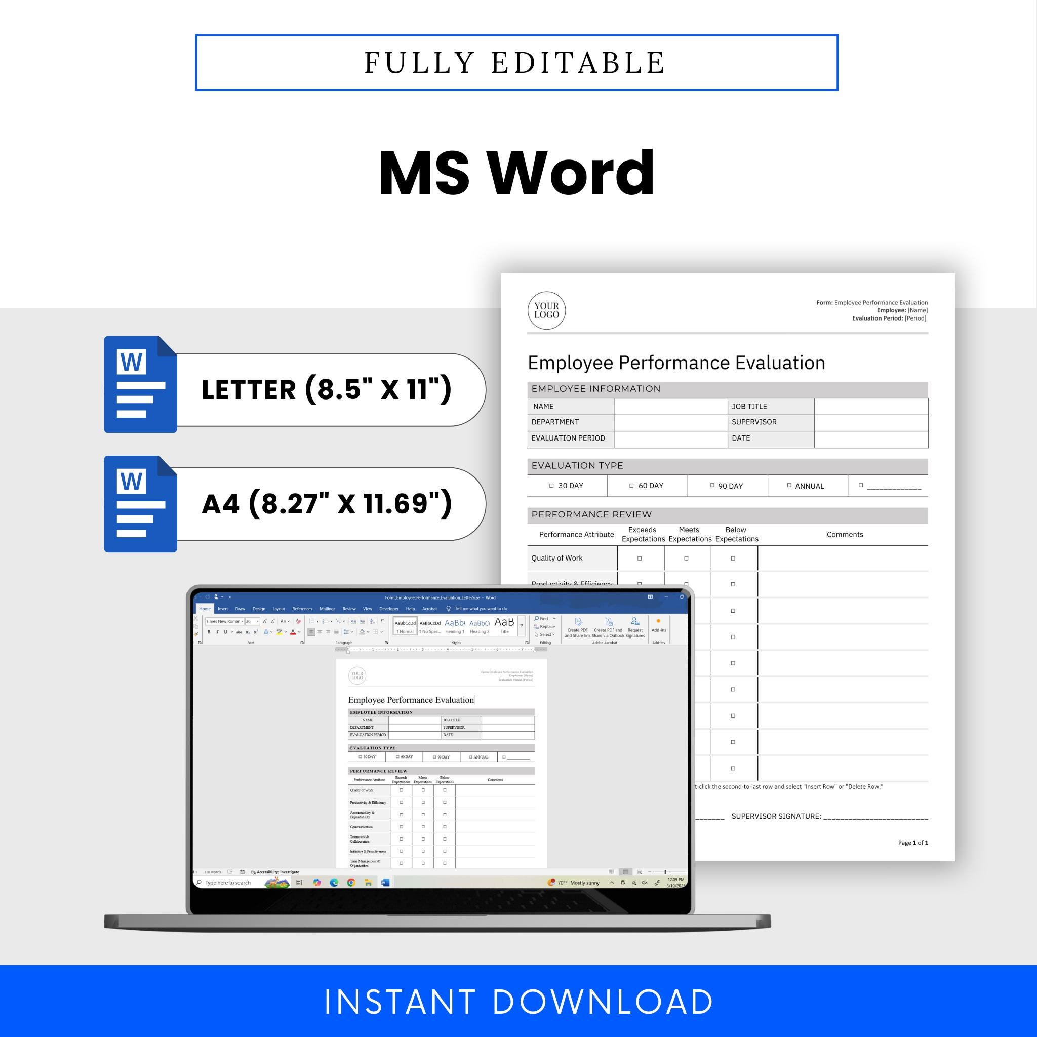 Employee Performance Review Form (MS Word, PDF) | Simple HR Template ...