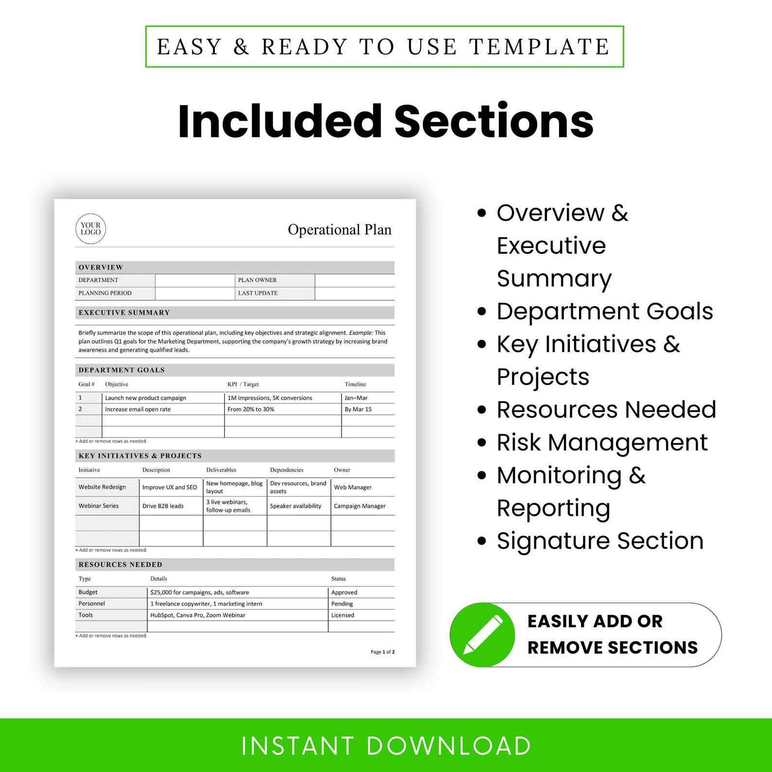 Simple Operational Plan Template (word, PDF) | Department Goal Setting ...