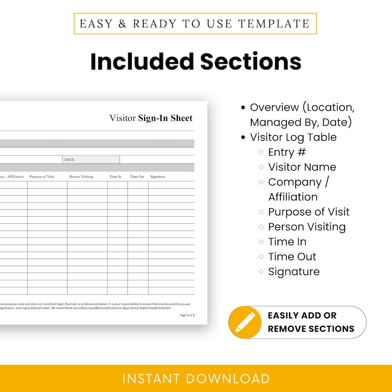 Simple Visitor Sign-in Sheet Template - Word & PDF, A4 + US Letter - Etsy