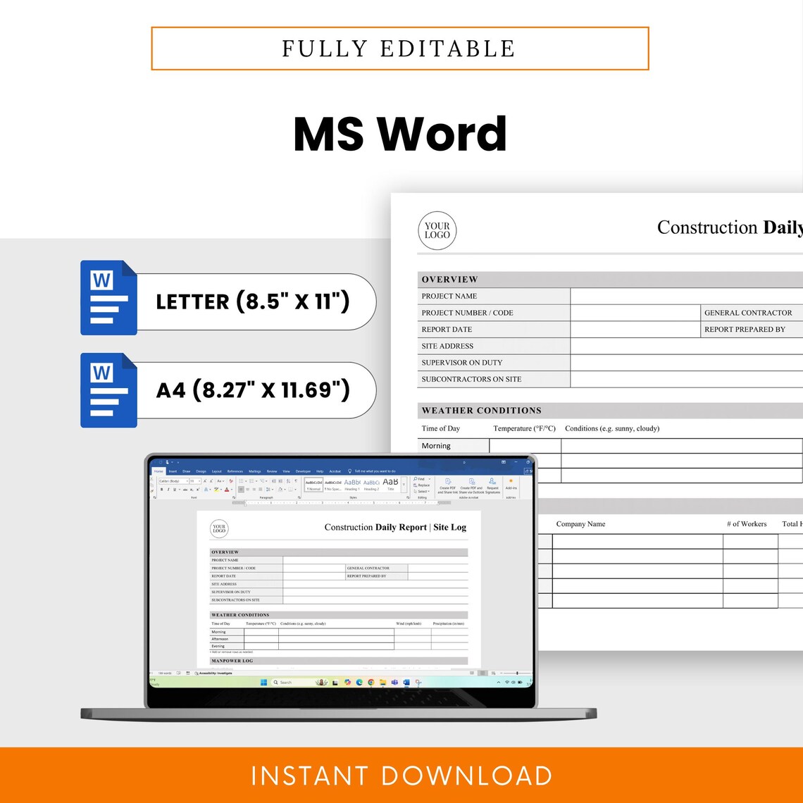 Construction Daily Report / Site Log Template – Word & PDF, A4 + US ...